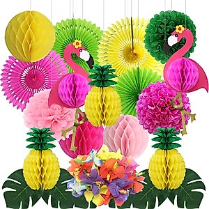Flamingo Party Supplies, Luau Party Decorations Topical Flamingo and Pineapple Honeycomb Balls Paper Fans Pom Poms Flowers Hibiscus Flowers for Hawaiian Birthday Beach Bachelorette Party