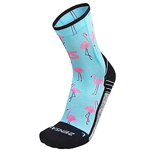 Zensah Limited Edition Mini Crew Running Socks - Anti-Blister, Fun, Athletic Socks for Men and Women (Large, Pink Flamingos)