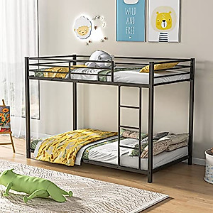 Giantex Metal Bunk Bed Twin Over Twin, Low Profile Bunk Bed Frame with Ladder & Full Length Guardrail, Space-Saving Twin Size Bed Frame for Kids Teens, No Box Spring Needed, Black