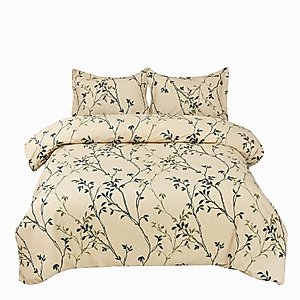 JSD Leaves Printed Duvet Cover Set Queen Size, 3 Piece Soft Microfiber Comforter Covers Zipper Closure