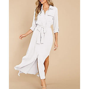 Fekermia Women's Button Down Maxi Shirts Dress- Casual Roll Up Long Sleeve Shirt Dress Slits Dresses White XX-Large
