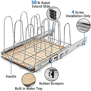 Pull Out Pot and Pan Organizer for Cabinet, Slide Out Pans and Pots Lid Holder Cutting Board Organizer (Include Water Tray)