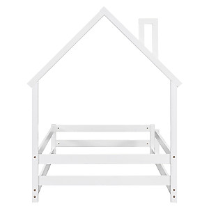 Maotifeys Twin Size Wood Floor Bed Frame with House-Shaped Headboard and Fence, Twin Size Platform Bed Frame Floor Bed for Kids, Low to Ground Height, No Box Spring Needed (White)