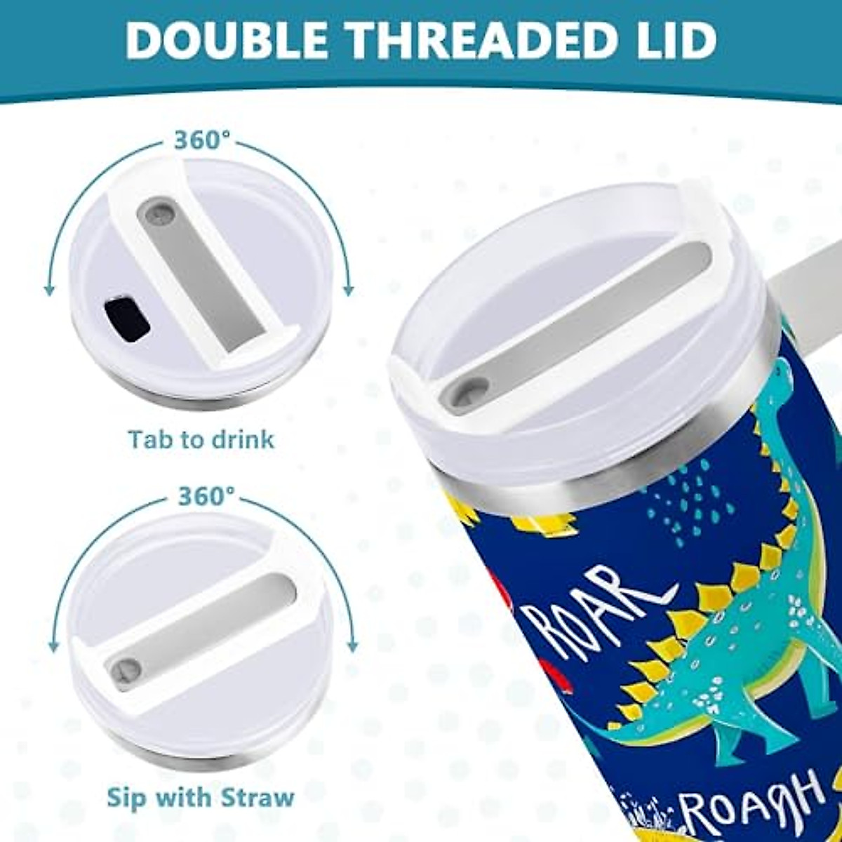 RPLIFE Colorful Dinosaurs Blue 40oz Tumbler with Handle, Stainless Steel Coffee Mug, Insulated Water Bottle with Straw