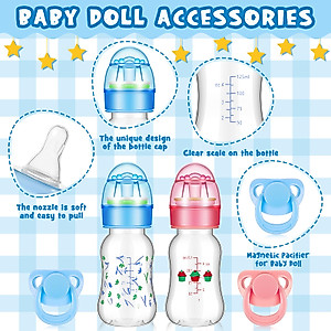 Jexine 4 Pieces Reborn Doll Accessories, Includes 2 Magnetic Pacifier and 2 Baby Doll Bottles Baby Alive Pacifier Feeding Bottle Gift for Baby Shower Birthday, Random Pattern, Pink and Blue (Cute)