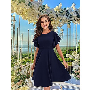 Gardenwed Navy Blue Women's Cocktail Dress Ruffle Short Sleeve A Line Swing Fit and Flare Midi Party Fall Dresses Navy M