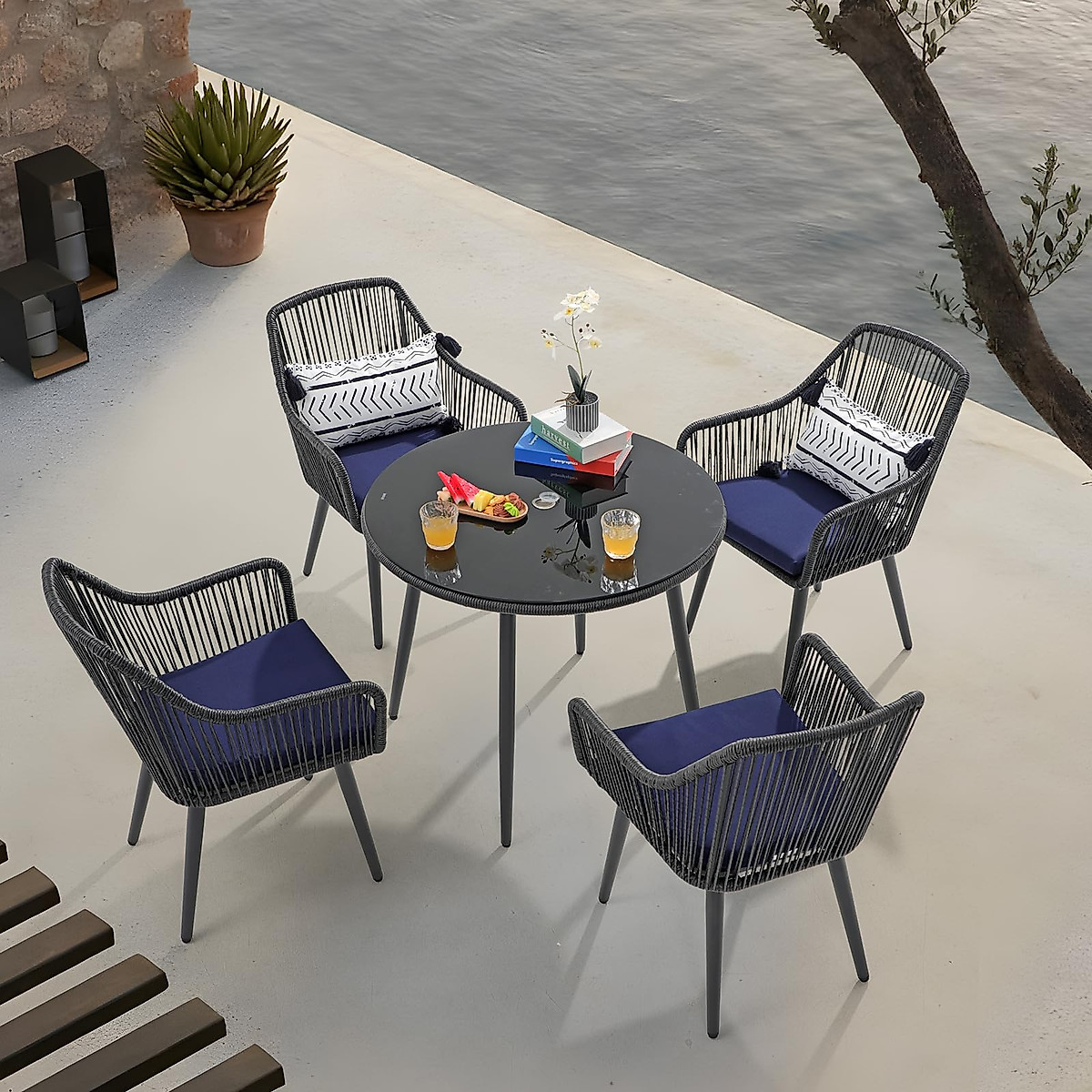 Patiorama 5-Piece Patio Dining Set, Outdoor Dining Table Chair Set, All-Weather Twisted Rattan Wicker Rope Conversation Set, Patio Furniture Set w/Umbrella Hole, 4 Cushioned Chairs&Glass Table(Blue)