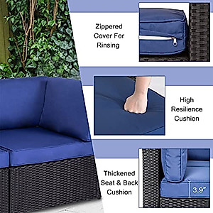 J-SUN-7 Wicker Loveseat 2 Piece,Patio Sectional Furniture Corner Sofa,All-Weather Wicker Loveseats Outdoor Rattan Couch Set Conversation Sets（Dark Blue）