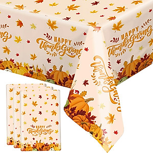 MEHOFOND 3 Pcs Happy Thanksgiving Disposable Tablecloth, Pumpkin Maple Leaves Fall Thanksgiving Party Decorations, Autumn Give Thanks Plastic Table Cover, Thanksgiving Dinner Party Supplies