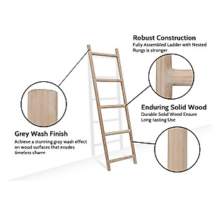 FUIN Fully Assembled 5ft Wood Blanket Ladder Living Room Decorative Wall Leaning Farmhouse Quilt Display Holder Rustic Wooden Towel Rack for Bathroom, Natural & Graywashed