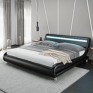 Keyluv Queen Upholstered Smart LED Bed Frame with Headboard, Durable Sleigh Low Profile Platform Bed, Color Changing with Music, App Control, Smart Bedroom Series, Black