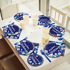 50 Guests Blue Birthday Plates Napkins Happy Birthday Plates Navy Blue and Silver Happy Birthday Plates for Men Women Disposable Paper Plates Napkins Forks Party Decorations Tableware Set 200 PCS