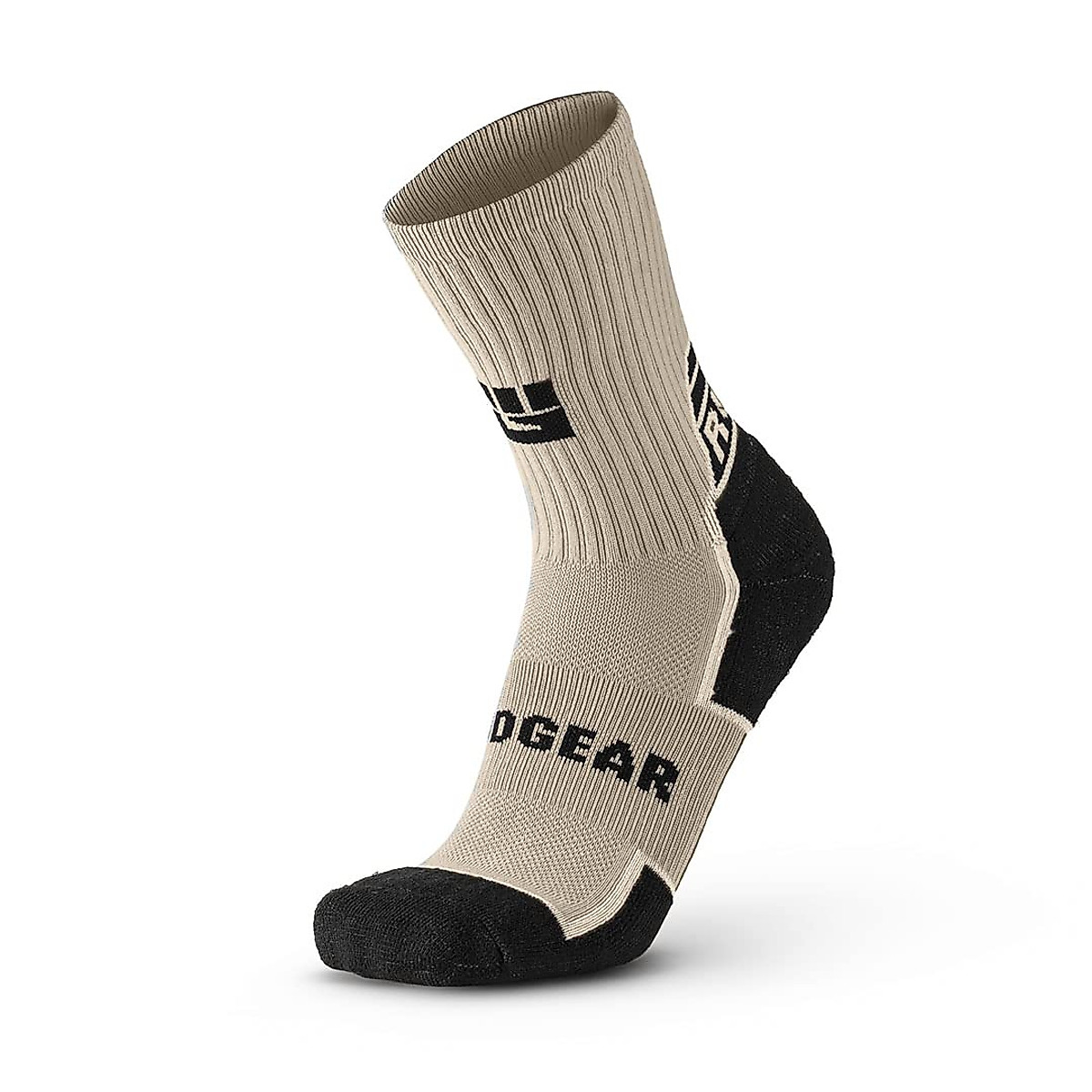 MudGear Ruck Crew Socks - Merino-Wool Hiking Sock for Women and Men for Sport, Gym, Running, Basketball, Football, Military, Work etc. - Boot Height Armour Cushioned Athletic Socks (Tan/Black, Large)