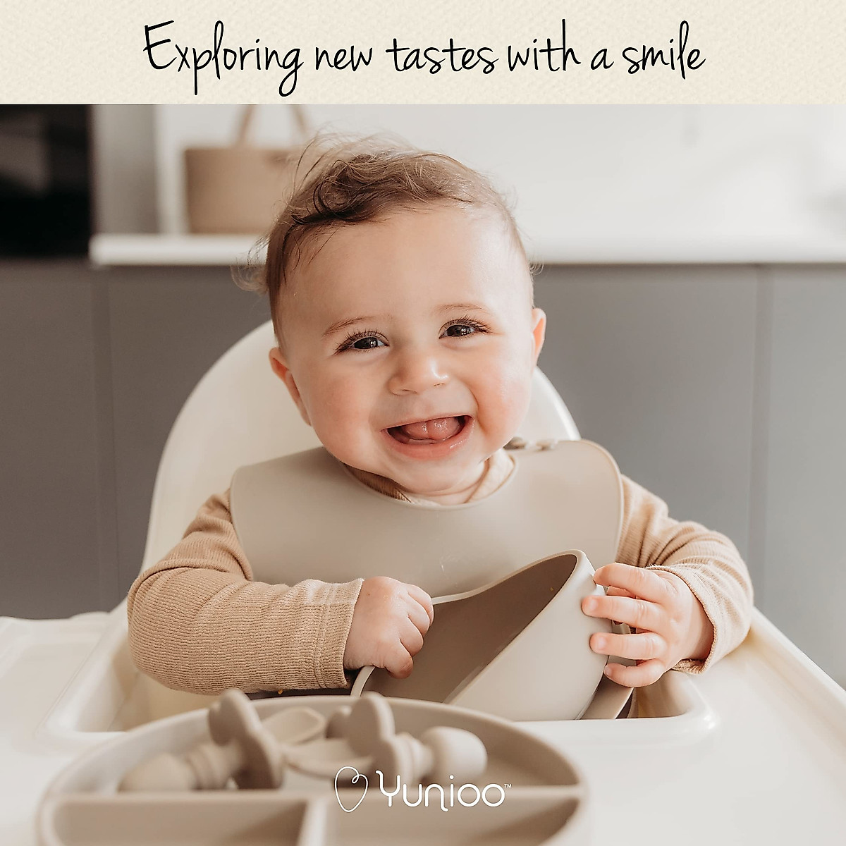 Yunioo Extra Heavy Silicone Baby Feeding Set Essentials, Premium 9-Piece Set of Baby Led Weaning Supplies with Silicone Baby Plate with Lid, Superior Suction Bowl and Baby Utensils - Beige