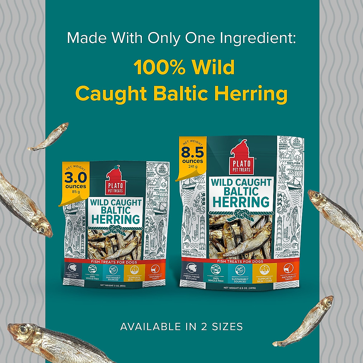 PLATO Pet Treats Fish Dog Treats - Air-Dried, Single Ingredient Dog Treat - with Omega 3 & 6 Fatty Acids to Support Skin and Coat - 100% Whole Fish - Wild Caught Baltic Herring Dog Treats - 3oz