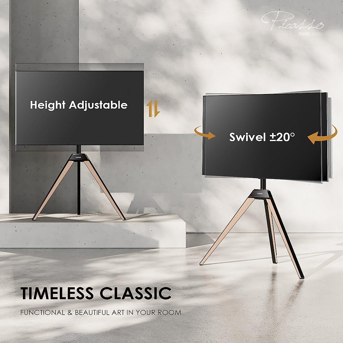 FITUEYES Design Corner TV Stand for 37-65 Inch LED LCD Screens, Tripod Easel TV Stand Modern TV Floor Mount Swivel with Concealed Storage for Bedroom/Living Room, Picasso Series