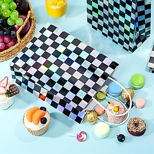 16Pcs Iridescent Checkered Race Car Party Favor Bags, Black and Iridescent Car Goodie Bags with Handles, Laser Plaid Kraft Paper Candy Gift Treat Bags for Kids Fast Race Car Birthday Party Decorations
