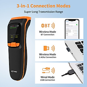OBZ Mini 2D Bluetooth Barcode Scanner with LCD Screen Display, 3-in-1 Bluetooth & USB Wired & 2.4G Wireless Bar Code Scanner Portable QR Code Scanner for Tablet iPhone MacOS Android iOS Windows PC POS