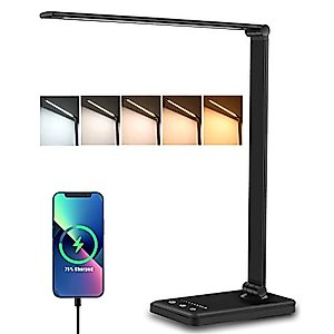 WYZGFRQS Desk Lamp, LED Desk Lamp with USB Charging Port, Sensitive Touch Table Lamp for Dorm Home Office with 5 Light Colors, 10 Brightness, Timer, Black
