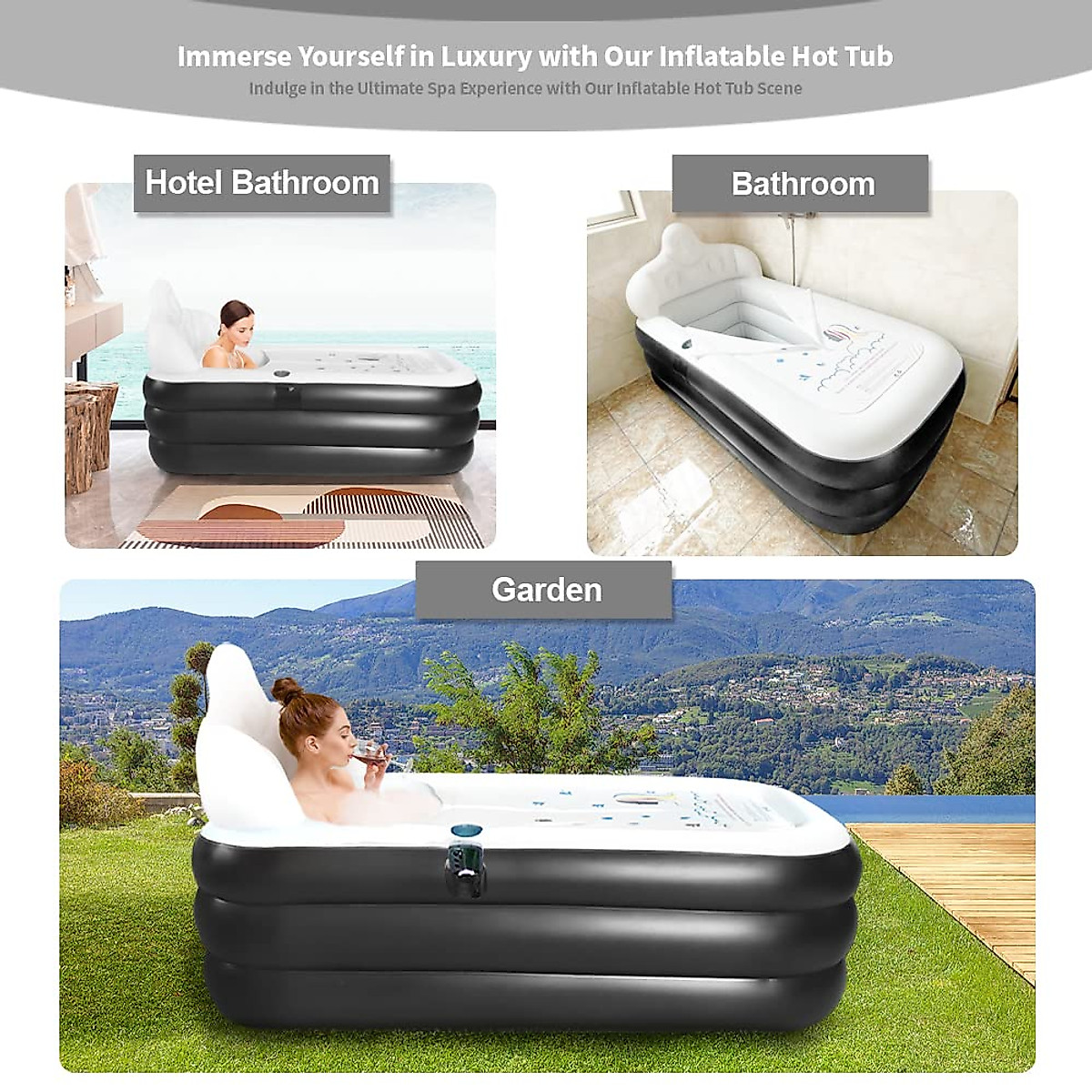 Nevife Inflatable Blow Up Bathtub with Bath Base,Headrest,Cup Holder and Pocket Storage,Foldable/Portable Free Standing Bath Tub for Adult Spa, Ideal for Hot Bath/Ice Bath 63"x35.4"x35.4"(Grey)