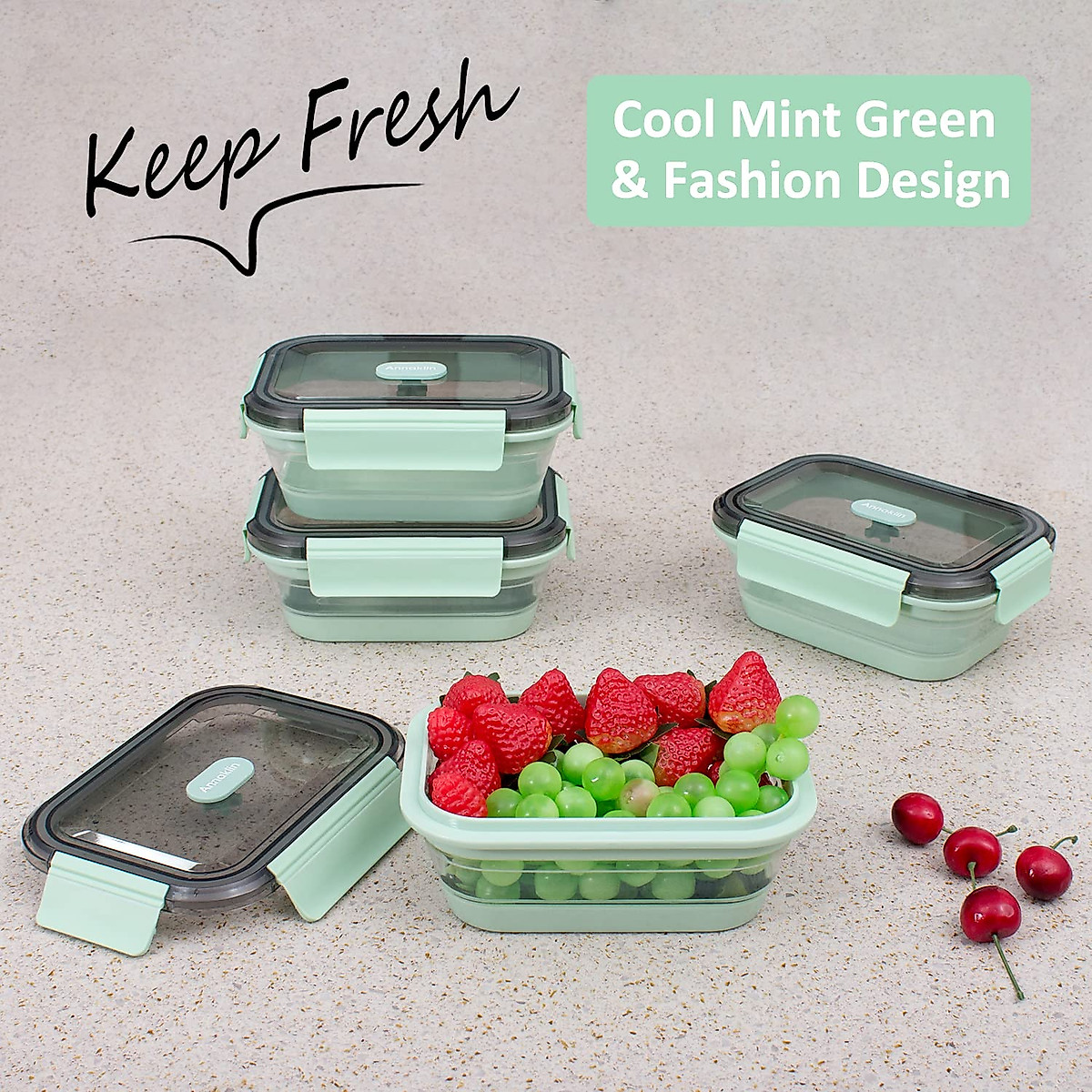 Annaklin Collapsible Food Storage Containers with Lid & Air Vent, Clear Stacking Silicone Collapsible Food Container Set, Microwave Freezer Dishwasher Safe Space-Saver, Set of 4, Mint Green
