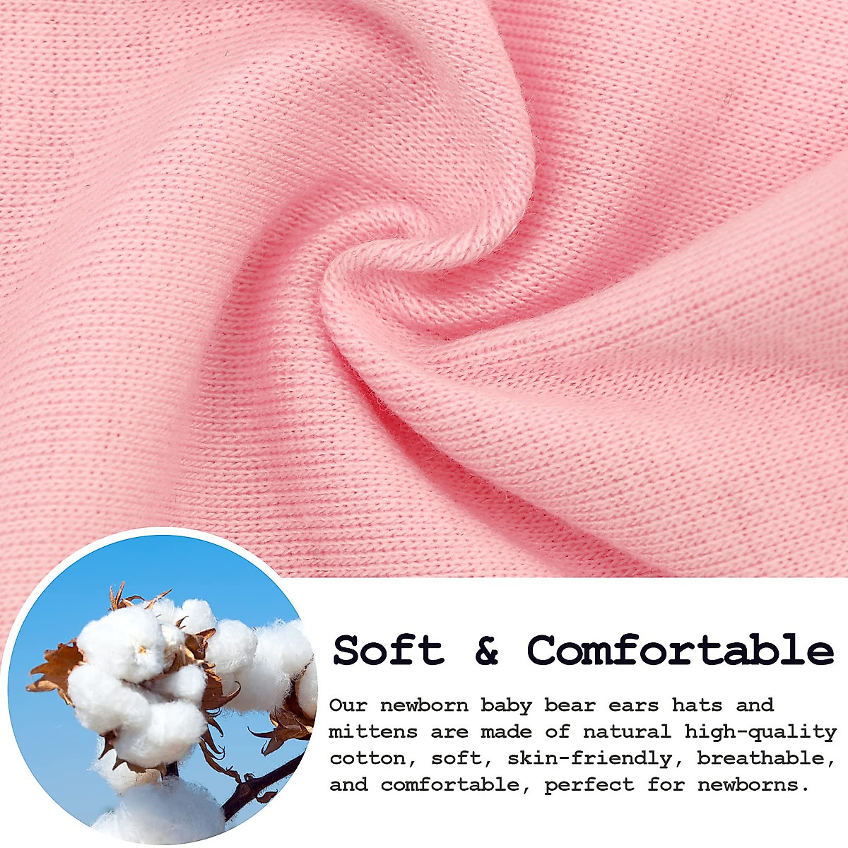 BQUBO Newborn Baby Hats Mittens Set Hospital Hat Beanie Bear Ears Preemie Infant Cotton Caps Gloves No Scratch Mittens for Baby Boys Girls 0-3 Months