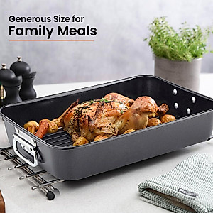 Generic Krafters Non-Stick Roasting Pan 11 inch x 15.5 inch with Rack and Steel Handles for Delicious Family Meals, Durable Metal Bakeware Dish, Spacious Oven Roaster Tray for Cooking, Gray, RP0011