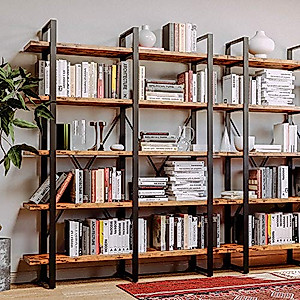 IRONCK Industrial Bookshelf and Bookcase Double Wide 5 Tier, Large Open Shelves, Wood and Metal Bookshelves for Home Office Furniture, Easy Assembly