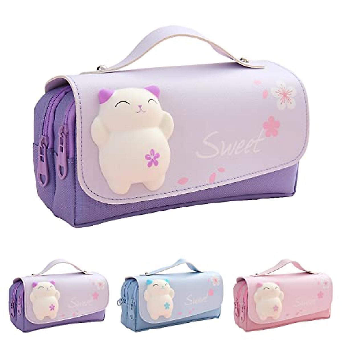 YBDXVX Pencil Case for Girls, Kawaii Pencil Case for Kids, Cute Pencil Pouch with Large Capacity and 3 Compartment, Cartoon 3D Extrusion Cat Toy Decoration, Purple