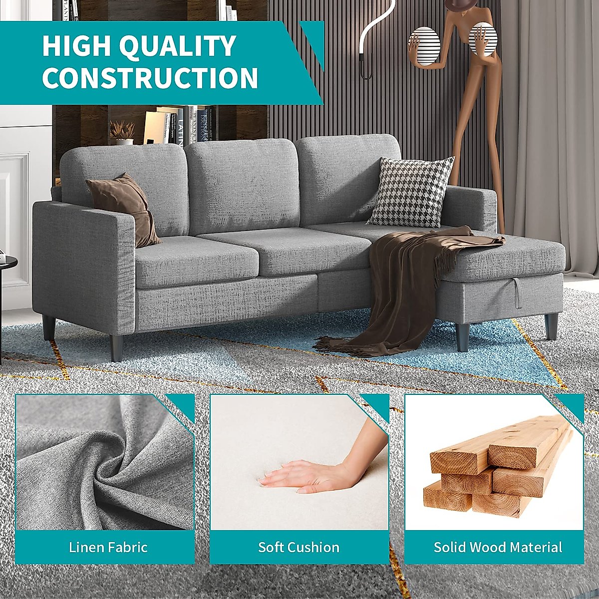 BALUS Convertible Sectional Sofa Couch, 3-Seat L-Shaped, Free-Form with Movable Storage Ottoman, Modern Design for Living Room and Office Spaces, Comfortable and Versatile（Light Gray）