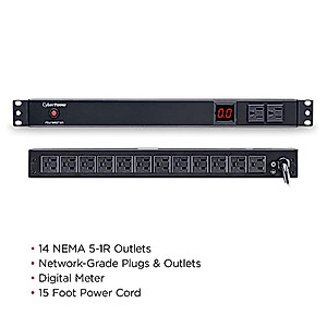 CyberPower PDU15M2F12R Metered PDU, 100-125V/15A (Derated to 12A), 14 Outlets, 1U Rackmount, 15 Foot Power Cord