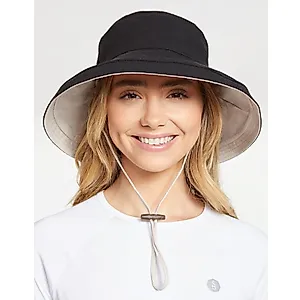 Solbari Holiday Sun Hat - UPF50+ Reversible, Foldable & Packable UV Sun Protection Hat with Full Coverage Brim and Adjustable Drawcord, Black/Beige, Small-Medium