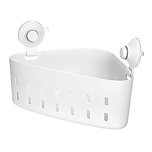 iDesign Cade BPA-Free Plastic Corner Storage Organizer 2 Push Lock Cups for Bathroom Shower/Tub, 7.52" x 12" x 7.32", Suction Basket