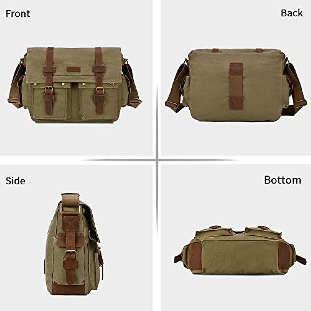 Kattee Military Messenger Bag Canvas Leather Shoulder Bag Fits 15.6 Inch Laptop (Army Green)