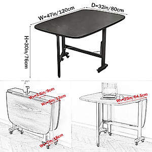 Rukulin Multifunction Table Drop Leaf Dining Table - 47" Wooden Foldable Kitchen Table with 6 Wheels (Black)