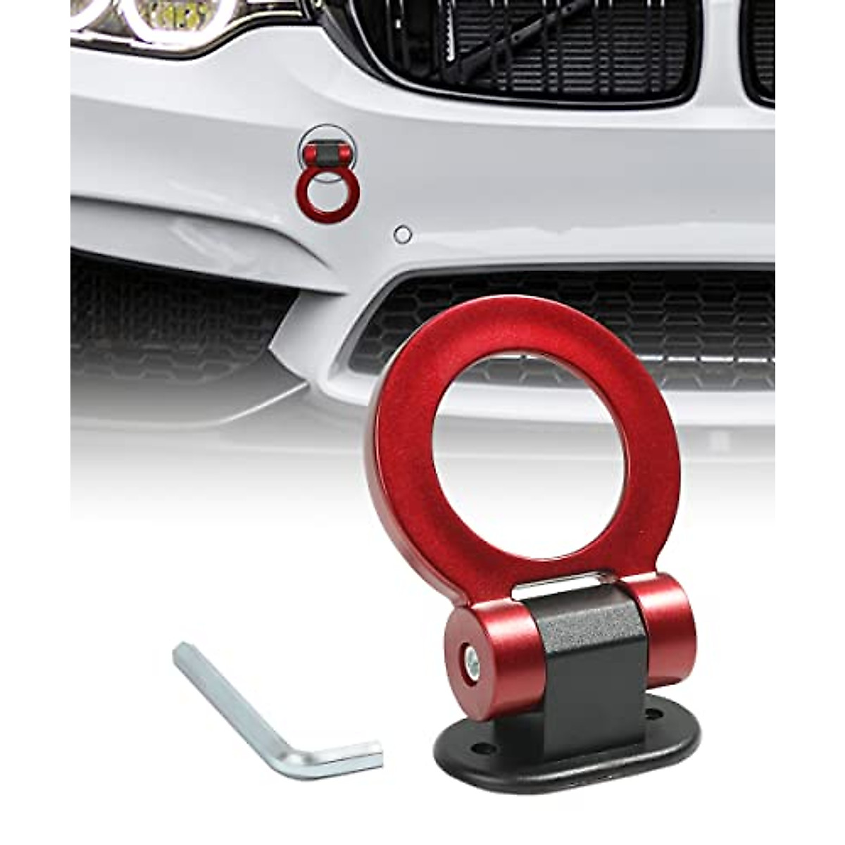 ESEWALAS Car Tow Hook Car Sticker,Tow Hook Kit Car Decorations Sticker,Ring Track Racing Style Decorative Trailer Tow Hook,Bumper Trailer Sticker (ONLY Decoration) (Red)