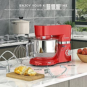 Stand Mixer, POWWA 7.5 QT Electric Mixer, 6+P Speed 660W Household Tilt-Head Kitchen Food Mixers with Whisk, Dough Hook, Mixing Beater & Splash Guard for Baking, Cake, Cookie, Kneading, ETL Certified (Red-with Handle)