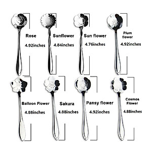ERCRYSTO Stainless Steel Tableware Creative Flower Coffee Spoon, Stirring Spoon, Sugar Spoon, Stir Bar Spoon, Mixing Spoon, Tea Spoon, Ice Tea Spoon, Ice Cream Spoons, 8 Different Patterns in 1 Set