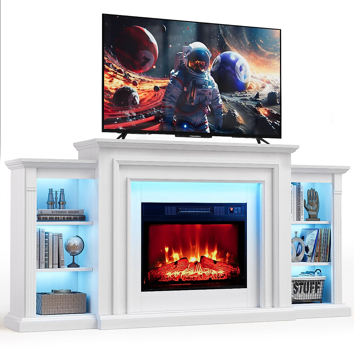 72" Electric Fireplace with Mantel, Farmhouse TV Stand for TVs Up to 80 Inch, White Entertainment Center with Storage for Bedroom,23'' Red Brick Fireplace Insert Heater with LED Flame for Living Room