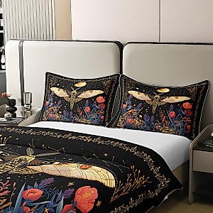 Feelyou Boho Golden Butterfly Duvet Cover 100% Cotton Bohemian Moth Bedding Set for Moon Galaxy On Black Comforter Cover Flower Weed Botanical Bedroom Collection 3Pcs King(No Comforter)