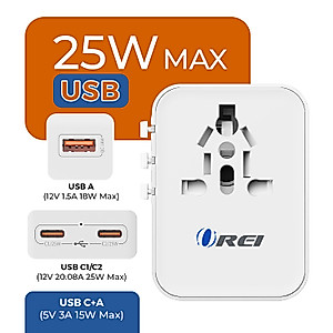 OREI 25Watt Universal Travel Adapter | 2 (USB C) 1 (USB A) 4-in-1 Universal Power Adapter | | Type C, A, G, I Compatible | Universal Chargers for All Devices compatible 150+ Countries