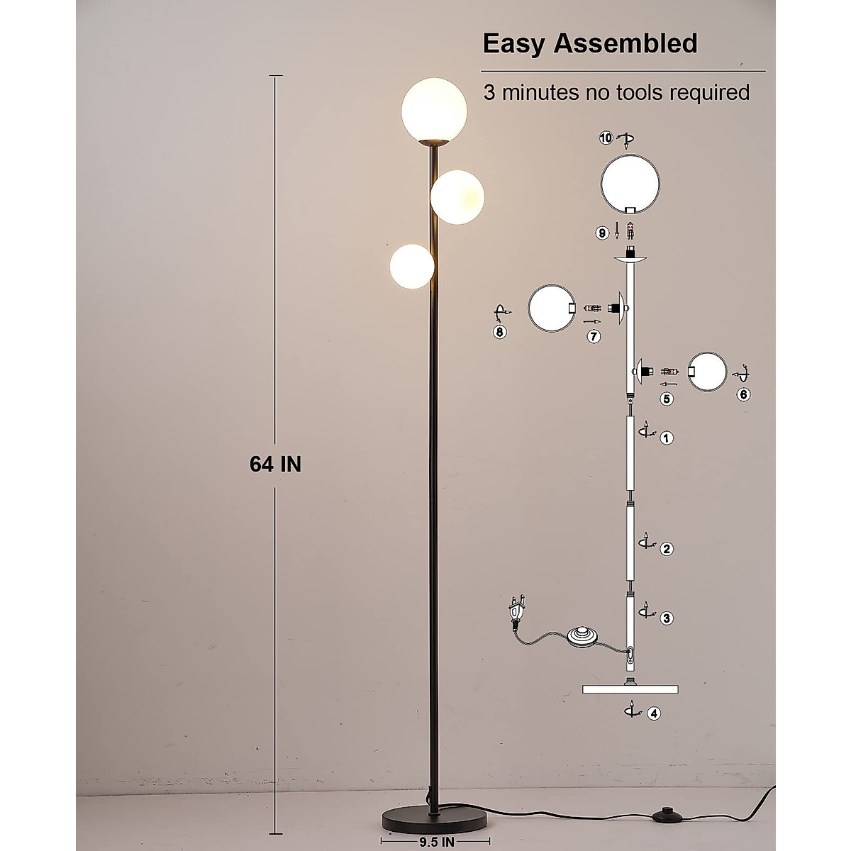 3 Globe Mid Century Floor Lamp, 3 Lights Black Floor Lamp for Living Room LED Bulbs Included with Warm Lighting, Modern Standing lamp Farmhouse Retro Home Decor for Bedrooms Office - Matte Black