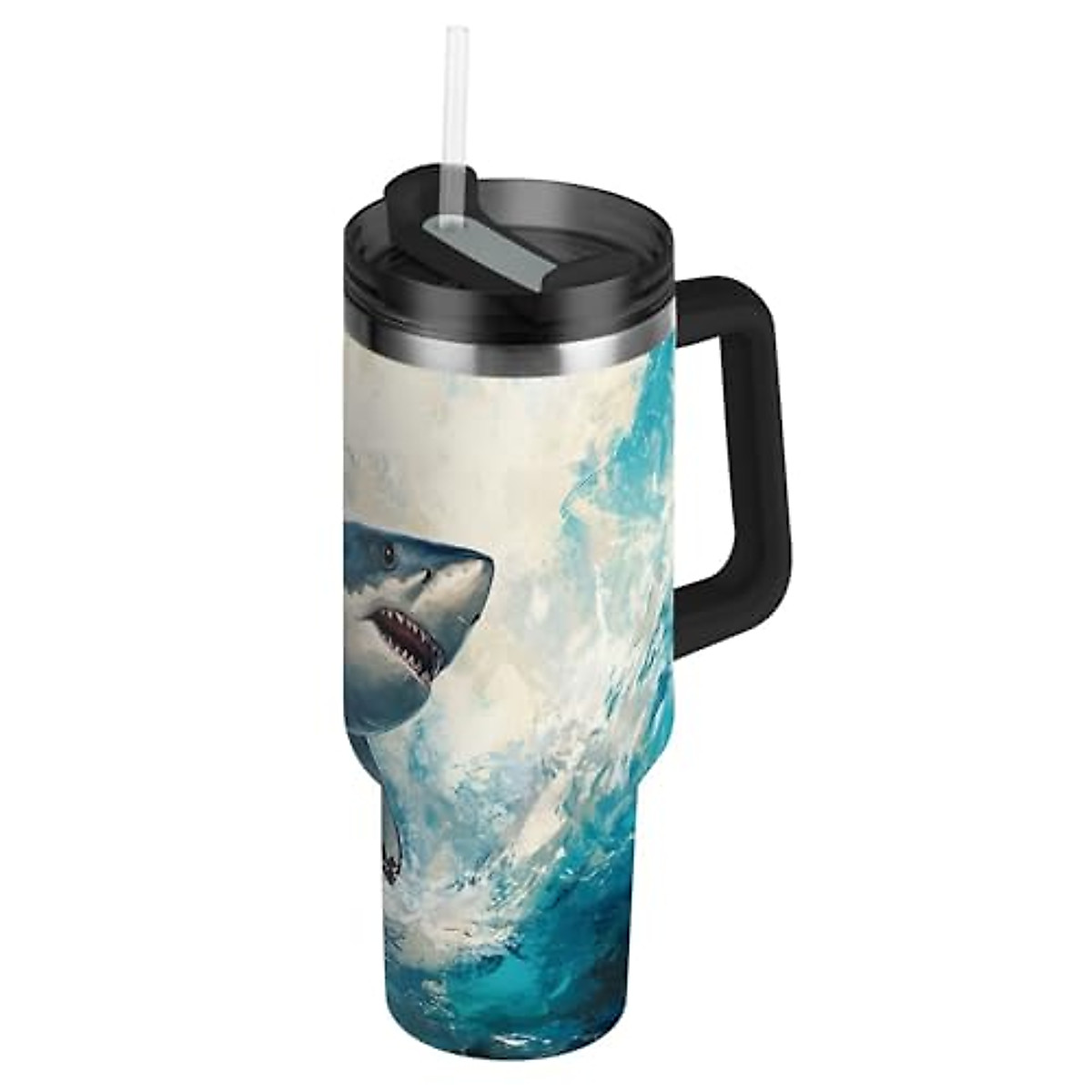 Flradish 40oz Tumbler with Handle, Shark Stainless Steel Tumbler with Lid and Straws Double Wall Vacuum Insulated Leakproof Coffee Travel Mug