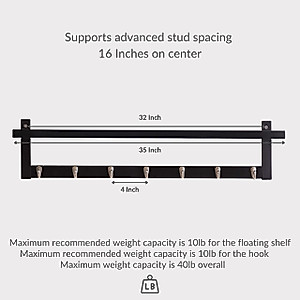 YourWoodStore Wall Mounted Coat Rack with Shelf, Floating Shelf, Black, Wooden, 7 Alloy Hooks, 35 Inch, Supports Conventional Stud Spacing(32Inch), Entryway Organizer, Key Holder