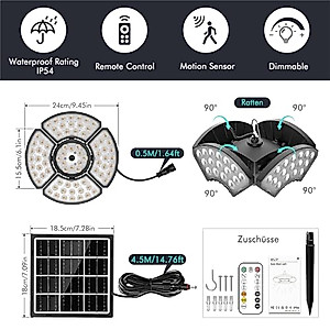 CLY Solar Shed Light Indoor Outdoor 152LED Motion Sensor Pendant Light 1000LM, Dimmable 2500K-6500K Remote Control 5 Modes Timer Memory Function Hanging Solar Lights for Garage Barn Patio Gazebo