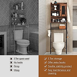 Labonida Over The Toilet Storage Cabinet - 5-Tier Freestanding Bathroom Organizer - Retro Space Saver Toilet Shelf - Multi-Function Display Shelves with Door