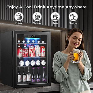 Kndko Mini Beverage Refrigerator and Cooler - 95 Can Mini Fridge with Digital Temperature Control, LED Light, Reversible Door, Perfect for Home, Office, Bar, and Game Room - 2.6 Cu.Ft, Black