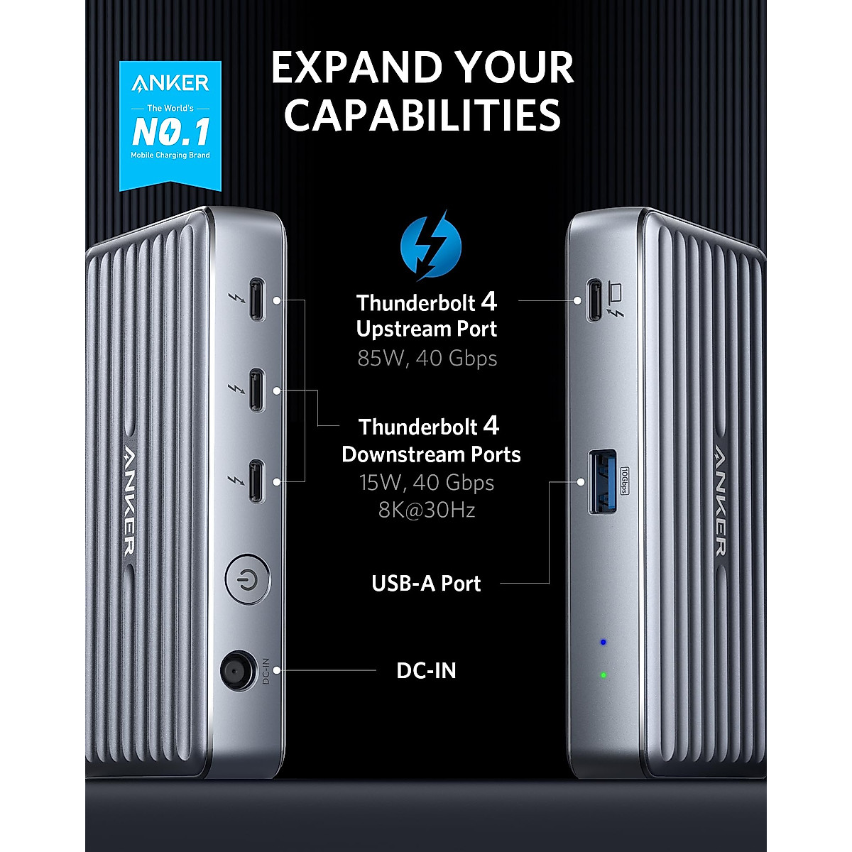 Anker PowerExpand 5-in-1 Thunderbolt 4 Mini Dock, Max 85W Charging for Laptop, Max 15W Charging for Phone, Single 8K@30Hz or Dual 4K@60Hz Display, USB 3.1 Gen 2 Port, for MacBook Pro/Air, and More