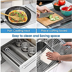 Over Sink Dish Drying Rack, 304 Stainless Steel Roll Up Dish Drainer, Silicone Anti-Slip Roll Out Dish Rack Rolling Flat Sink Rack Mat Foldable Multipurpose for Kitchen Counter (17.7"x16.5")