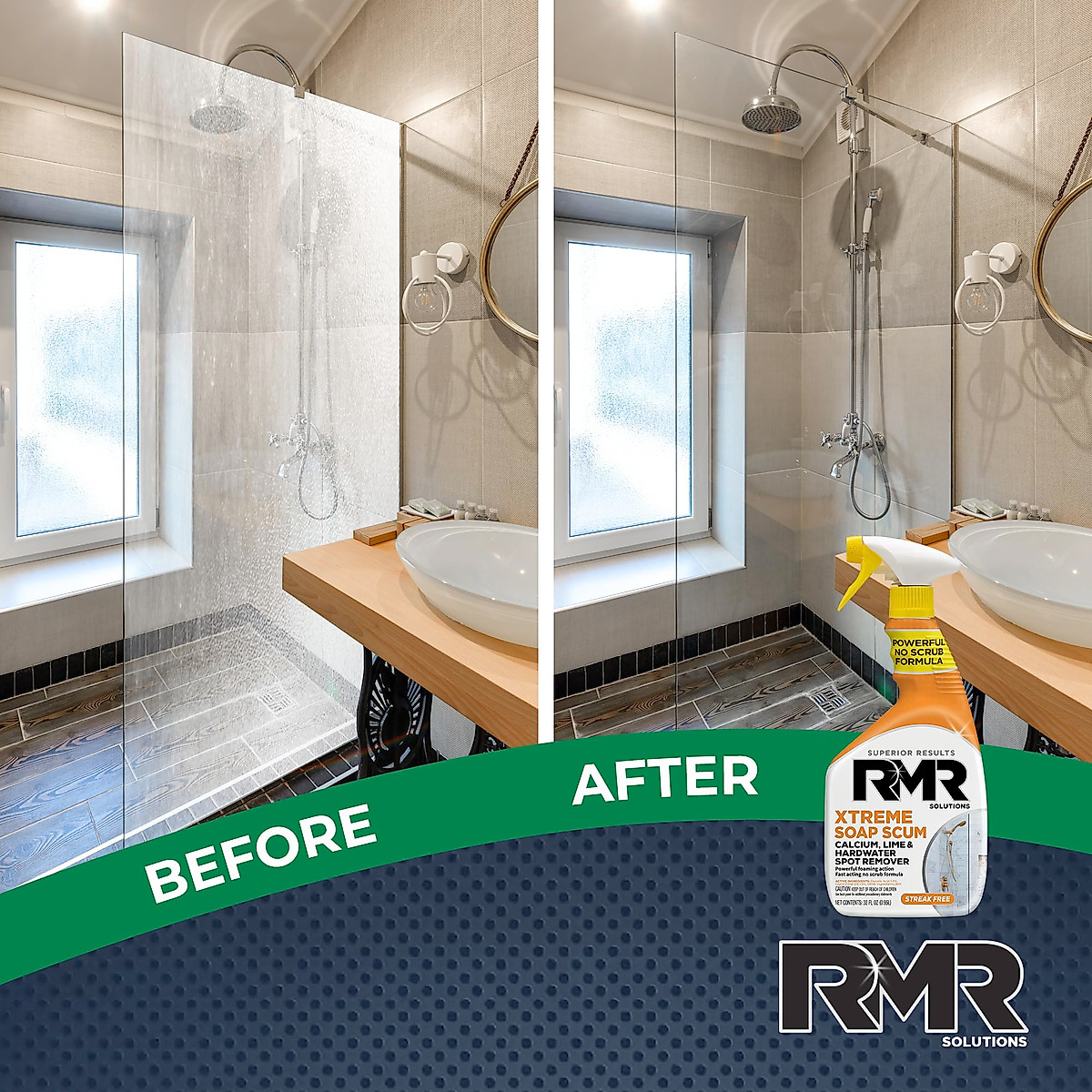 RMR - Xtreme Soap Scum Remover, Fast-Acting, No-Scrub Bathroom Cleaner for Soap Scum, Calcium, Hard Water, Limescale, and Shower Tile Residue, Bleach-Free, 30-Fluid Ounce Spray Bottle